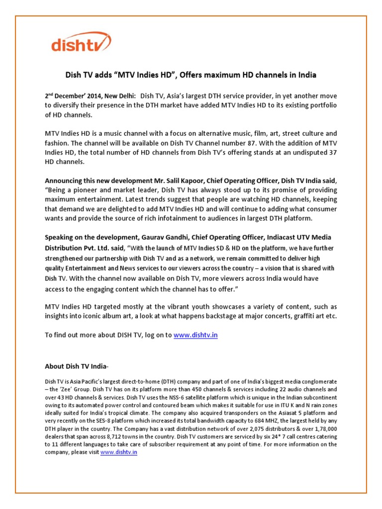 Dish TV - MTV Indies HD - Final PDF | PDF | Satellite Television ...