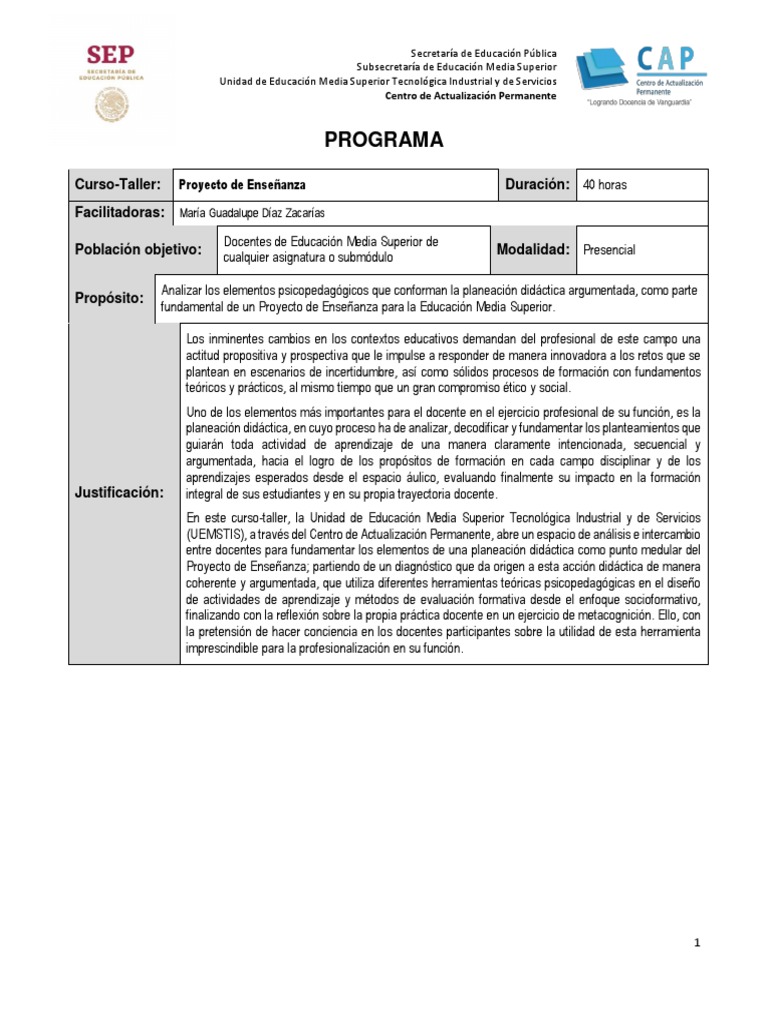 Programa Proyecto de Enseñanza | PDF | Plan de estudios | Educación ...