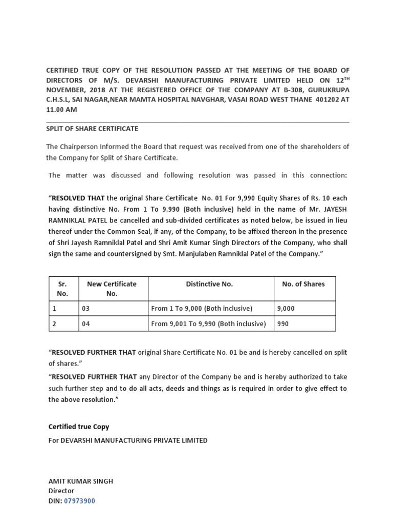 BR Split of Share Certificate | PDF