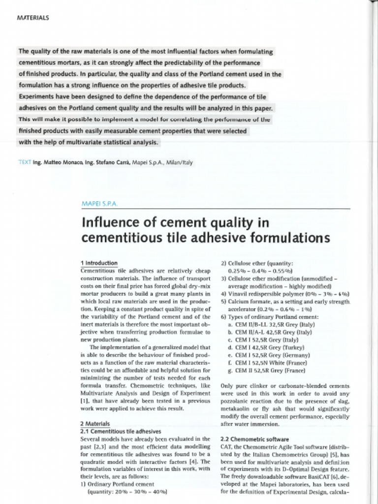 Influence of Cement Quality in Cementitious Tile Adhesive Formulations ...