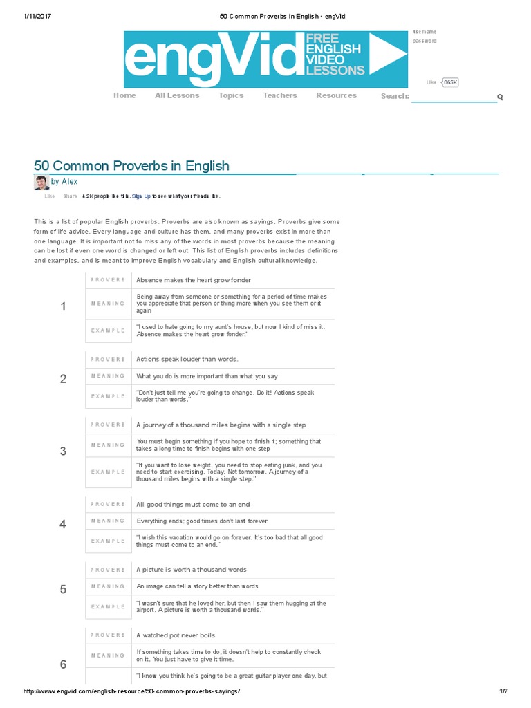 50 Common Proverbs in English Engvid PDF | PDF | Proverb | English Language