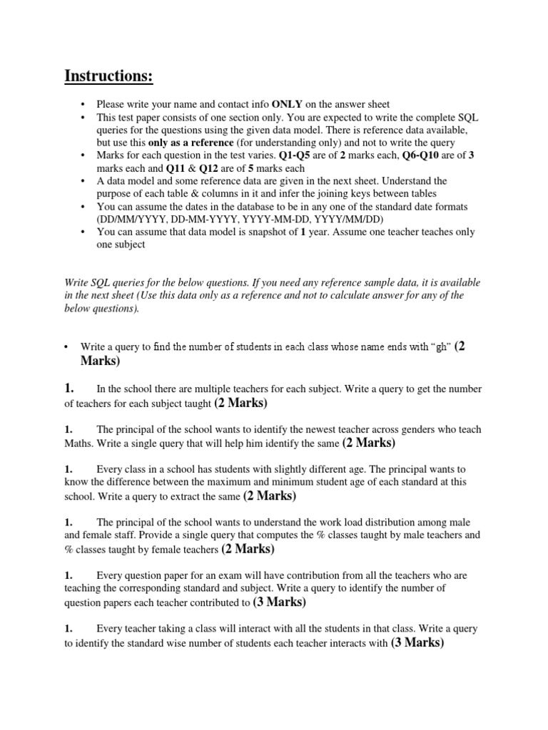 SQL - Test | Download Free PDF | Test (Assessment) | Sql
