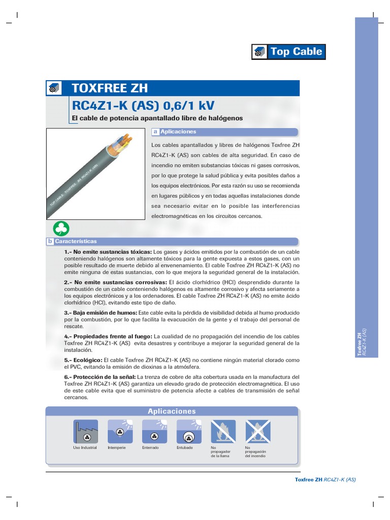 CABLE CATALOGO Toxfree RC4Z1-K | PDF | Resistencia Eléctrica y Conductancia | Ácido clorhídrico