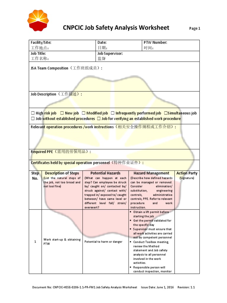 CNPCIC Job Safety Analysis Template | PDF | Determinants Of Health ...