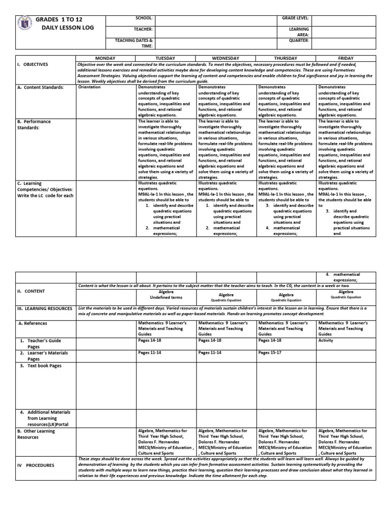 DLL Math 9 Q1 Week 1 | Download Free PDF | Equations | Algebra