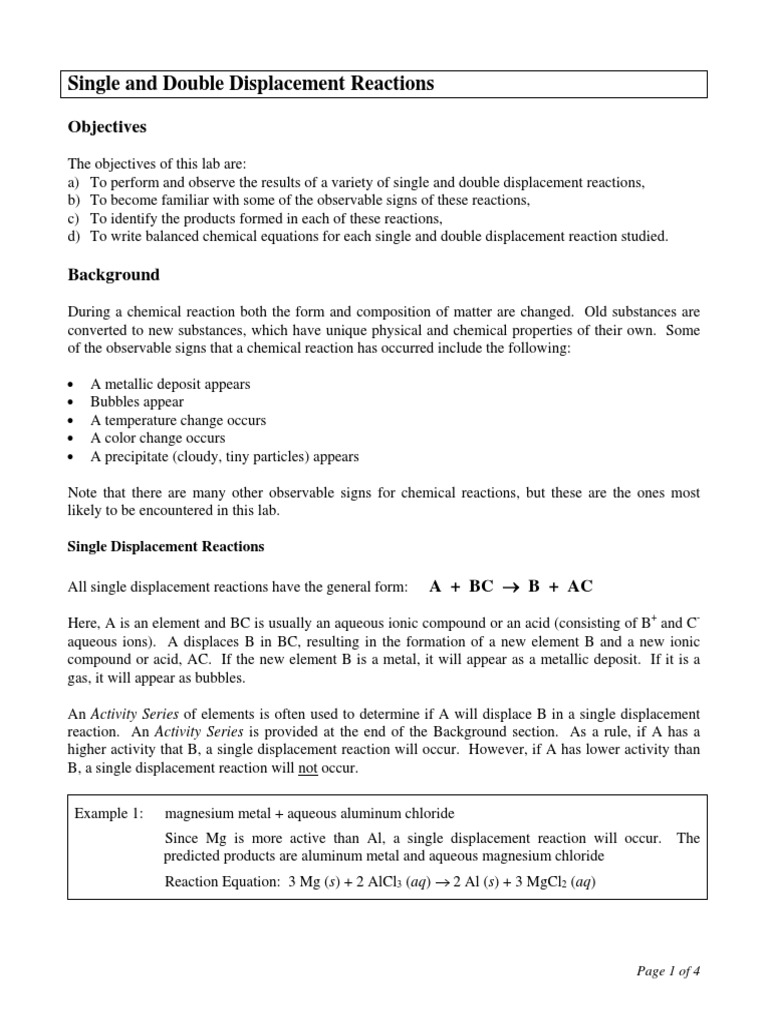 Single and Double Displacement Reactions | PDF | Chemical Reactions | Acid