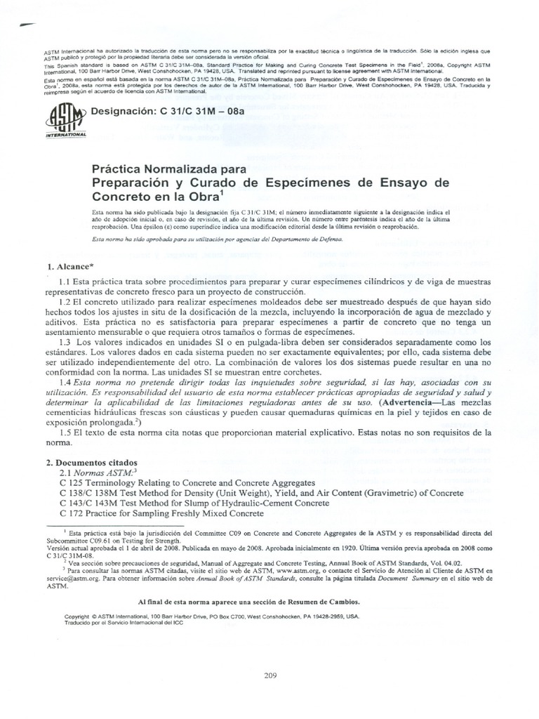 NORMA EN ESPAÑOL ASTM C 31-08a.pdf | PDF