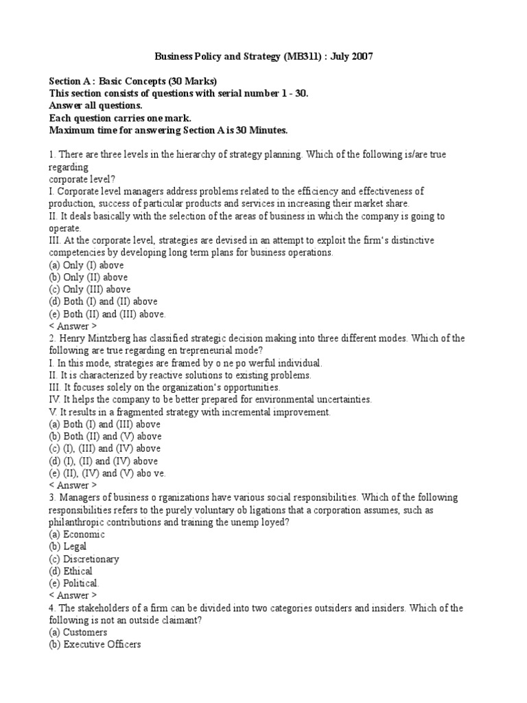 Business Policy and Strategy (MB311) Sample Paper 2.. | PDF ...