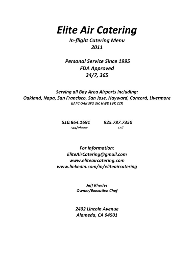 Elite Air Catering - Aircraft Catering Menu San Francisco | Download ...
