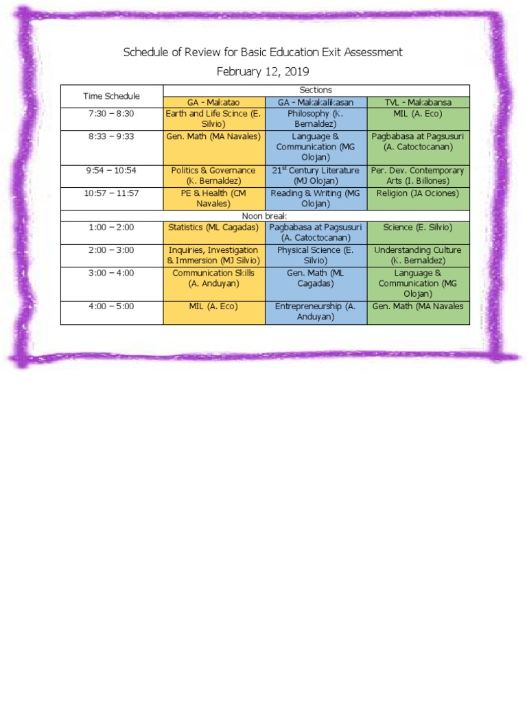 Schedule of Review For Basic Education Exit Assessment | PDF