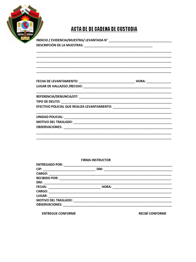 ACTA CADENA CUSTODIA Y ROTULO | Evidencia | Crímenes