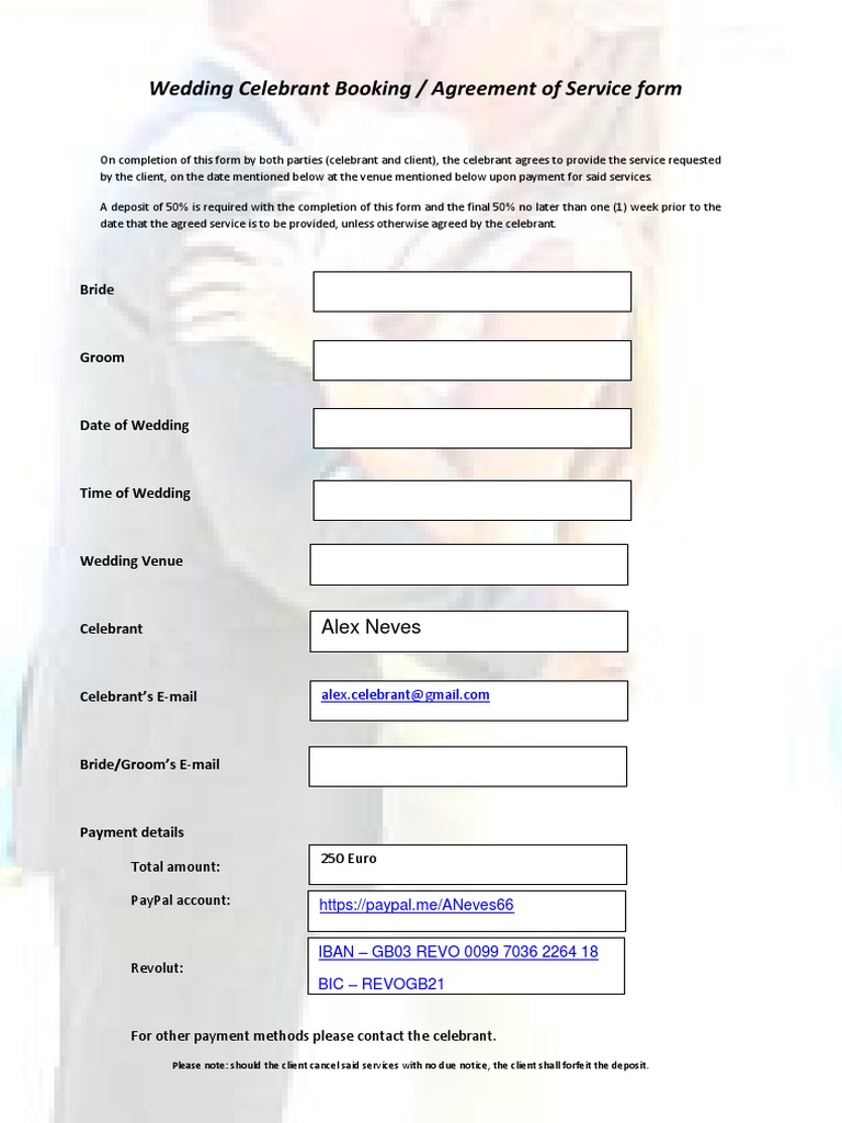 Wedding Celebrant Booking Agreement | PDF