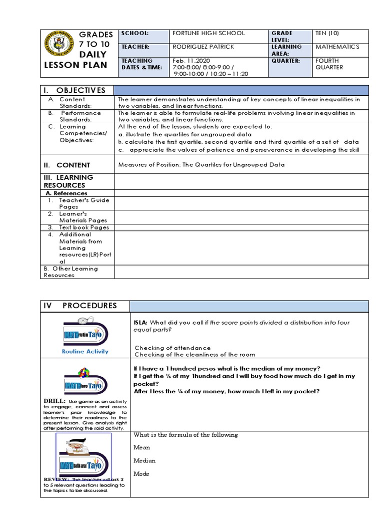 Quartiles Lesson Plan | PDF | Behavior Modification | Pedagogy