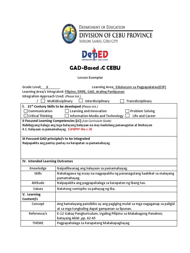 EsP Grade 6 Transdisciplinary Copy Template | PDF