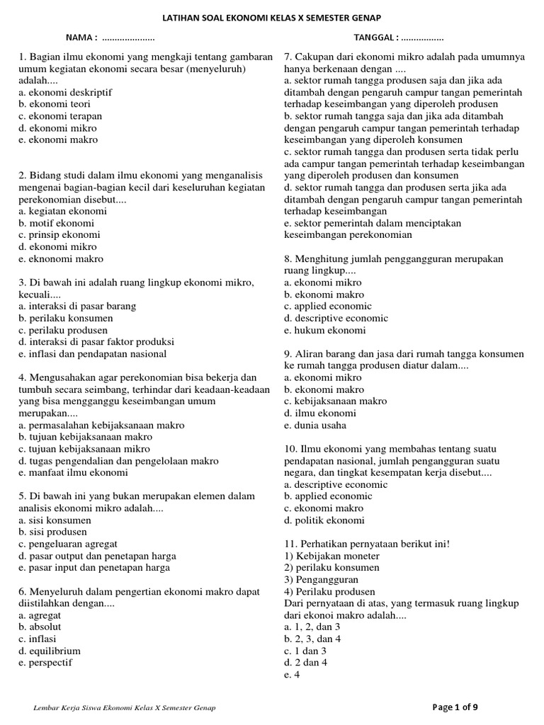 For Students Latihan Soal Ekonomi Kelas X Semester Genap | PDF