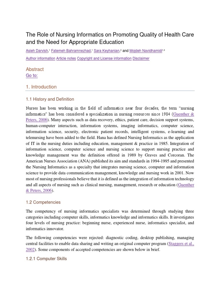 The Role of Nursing Informatics On Promoting Quality of Health Care and ...