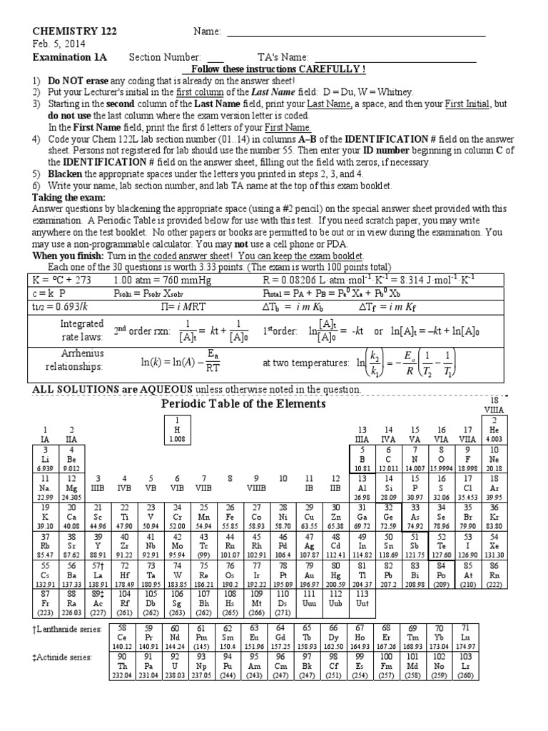 Chem 122 S14 Exam-1A KEY | PDF | Molar Concentration | Reaction Rate