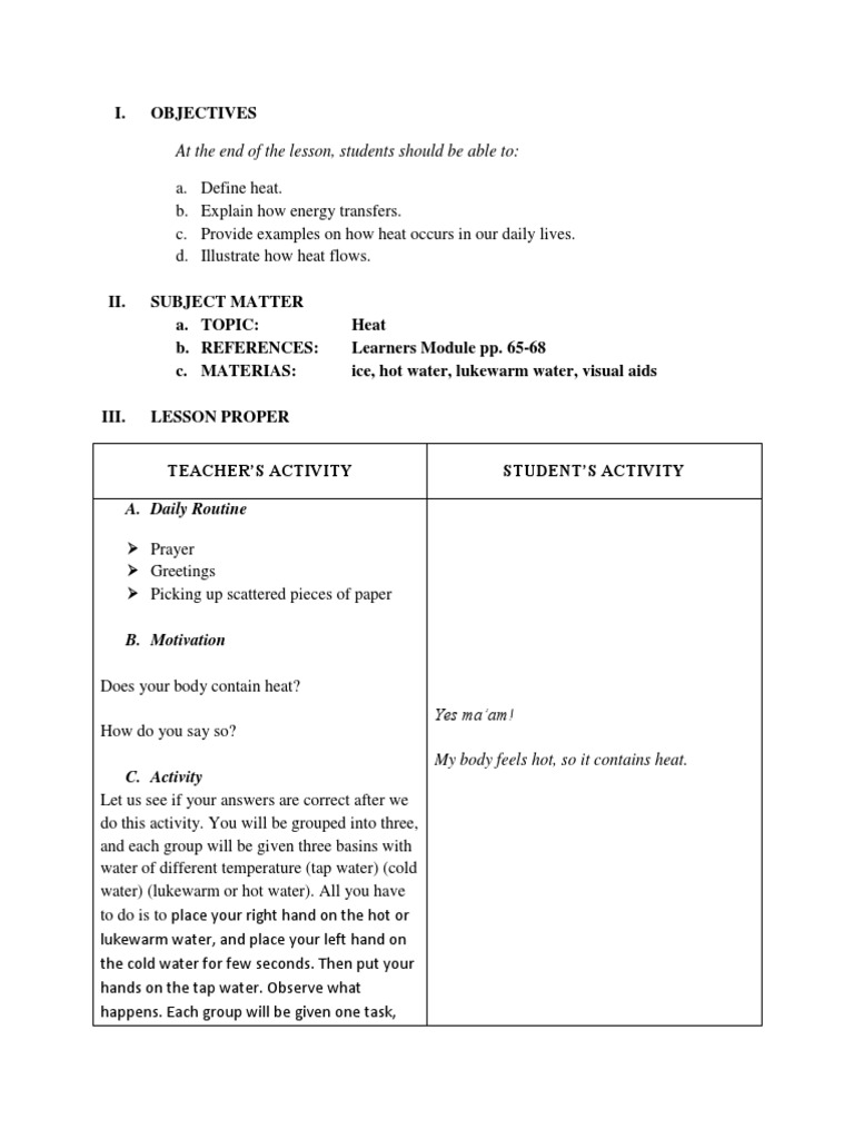 Heat Lesson Plan Demo | PDF | Heat | Temperature