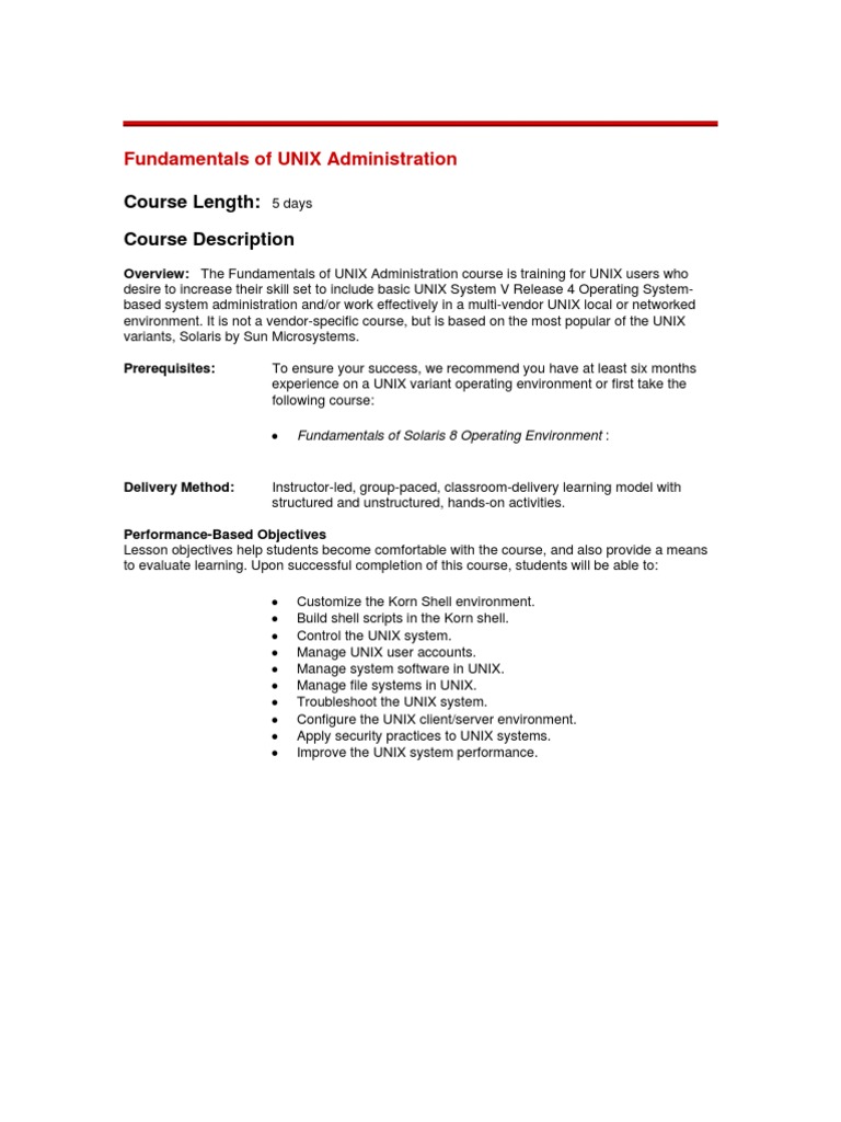 Fundamentals of UNIX Administration: Course Length: Course Description | PDF | Unix | Command ...