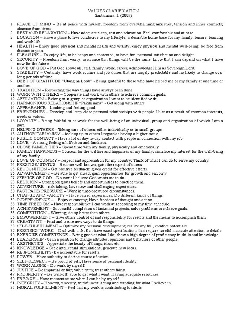 Values Clarification | PDF | Well Being | Relaxation (Psychology)