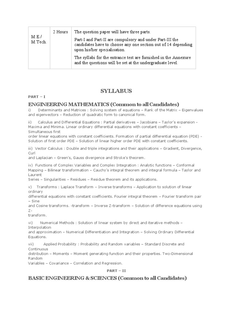 Syllabus: ENGINEERING MATHEMATICS (Common To All Candidates) | PDF ...