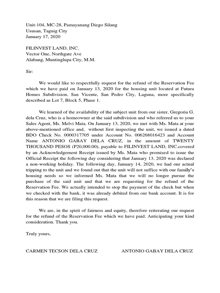 Sample of Refund Letter | PDF