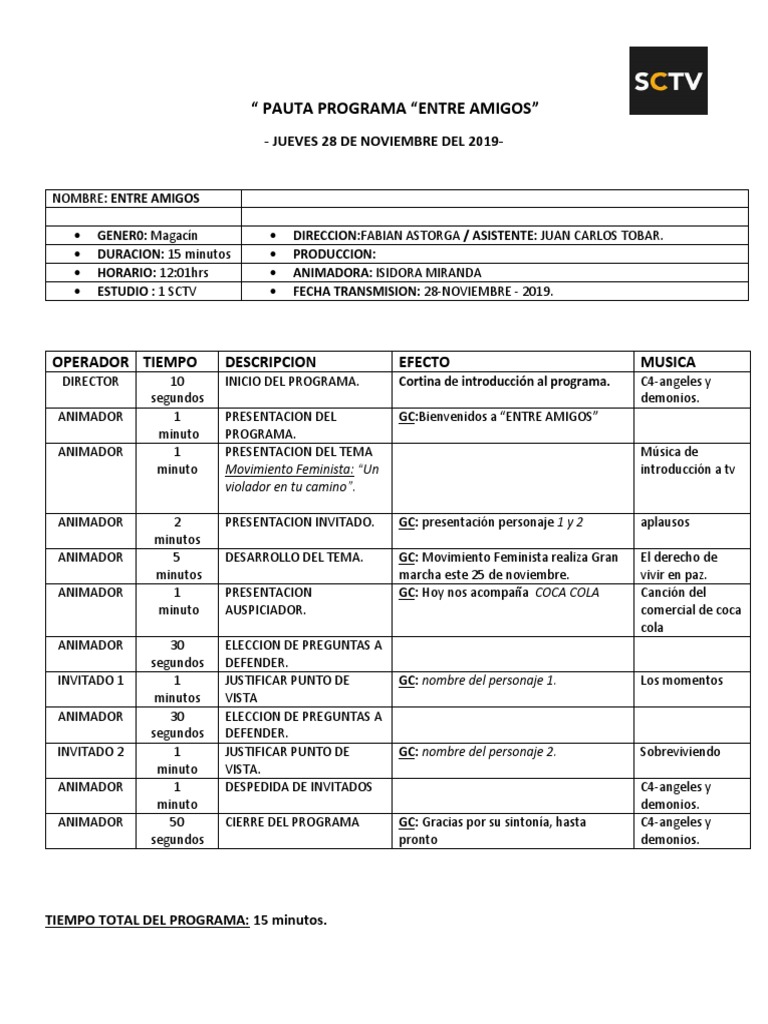 Pauta Programa de TV y Guion Realizacion TV | PDF | Coca Cola