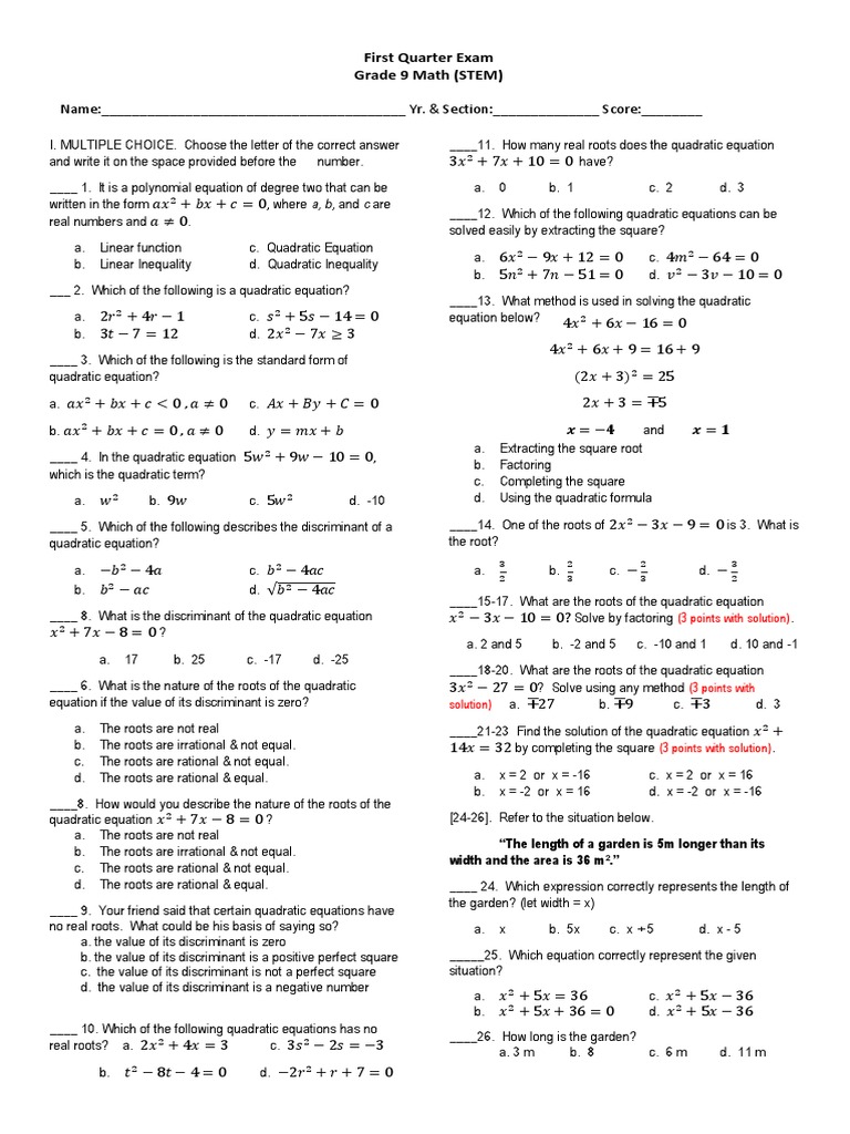 Q1 Math 9 | PDF | Quadratic Equation | Equations