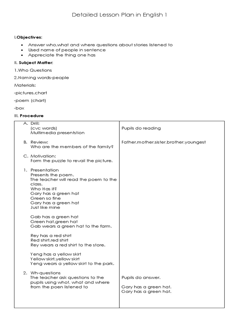 Detailed Lesson Plan in English 1 2nd Demo 2020 | PDF | Question ...