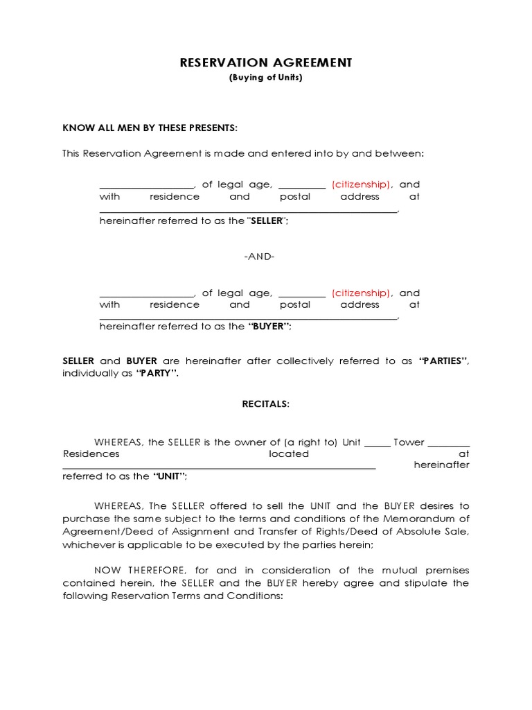 Reservation Agreement - Buying Template | PDF | Real Estate Broker | Sales