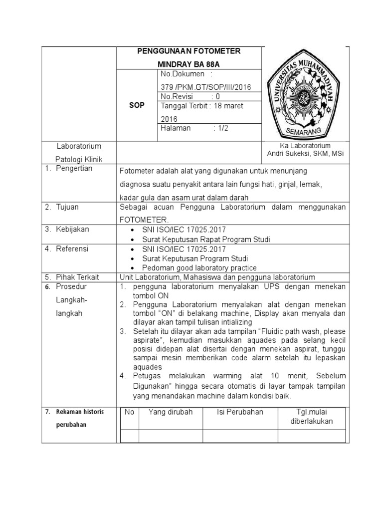 Sop PENGGUNAAN FOTOMETER MINDRAY Ba 88A OKE | PDF