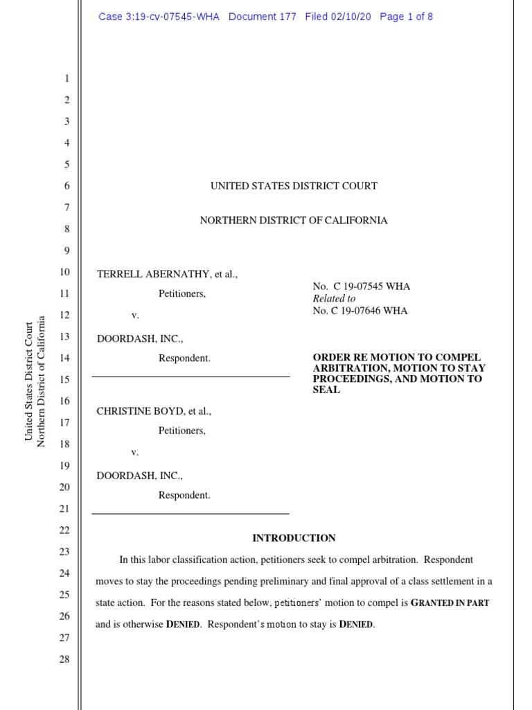 Order Re Motion To Compel Arbitration, Motion To Stay Proceedings, and ...