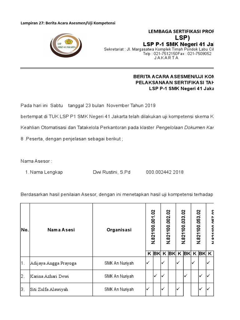 Lampiran BA - Hasil TUK LSP P-1 SMKN 41 Jakarta - Dwi Rustini | PDF