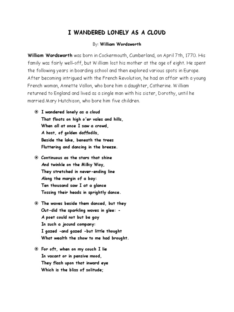 I Wandered Lonely as a Cloud | PDF | William Wordsworth | Poetry