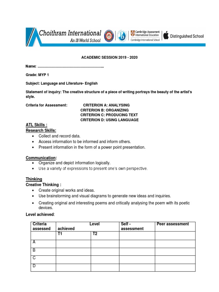 MYP 1 Poem Assessment Criteria | PDF | Poetry | Communication