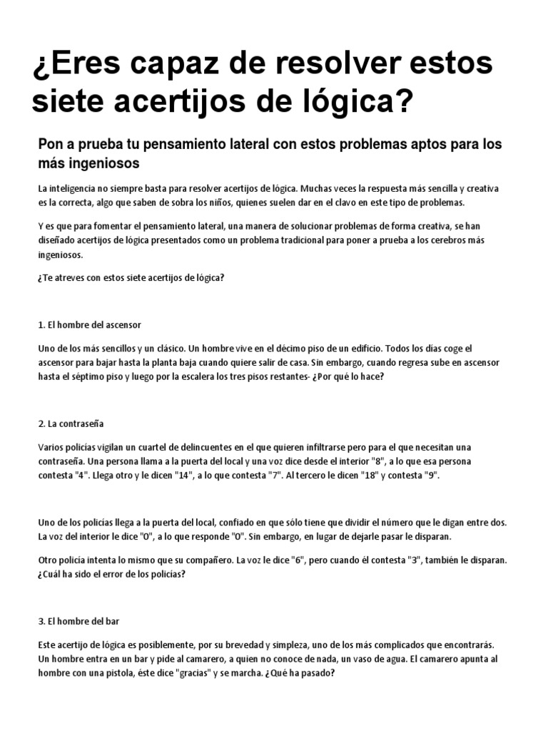 Ejerc Eres Capaz de Resolver Estos 7 Acertijos de Lógica+ Soluc | PDF | Ascensor | Ocio