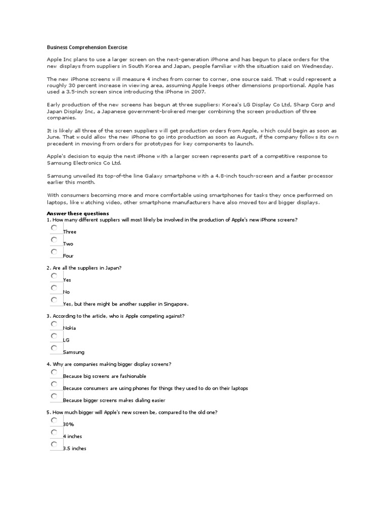 Business Comprehension Quiz | PDF