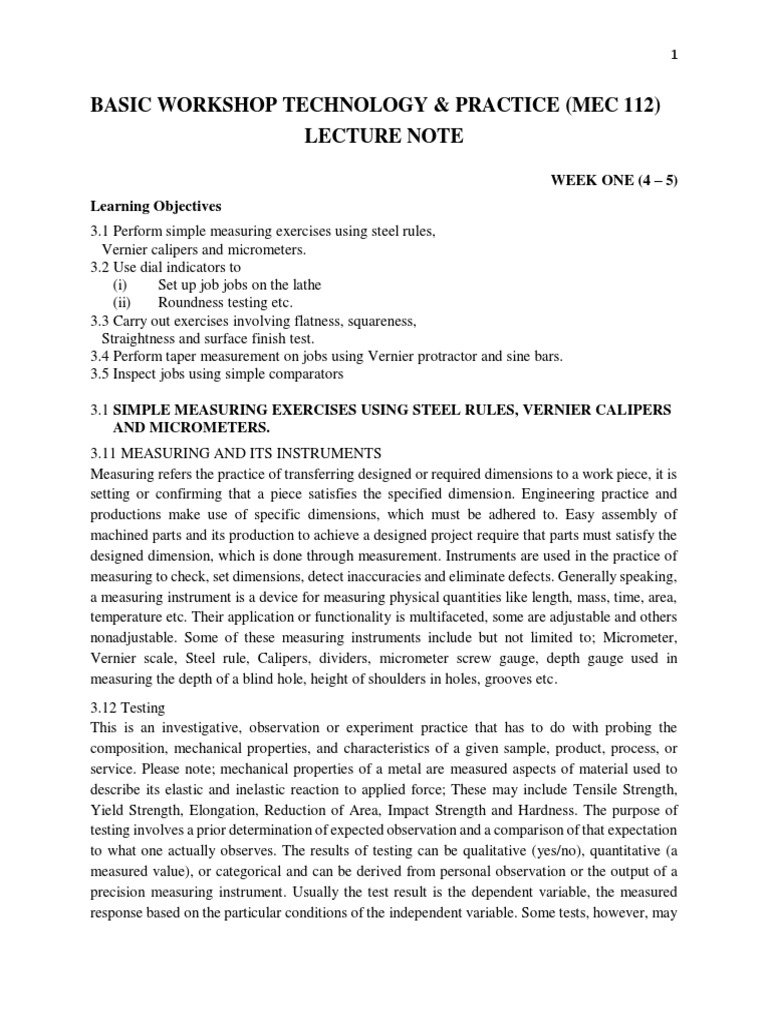 MEC 112 Lectures 20182019 | PDF | Surface Roughness | Drill