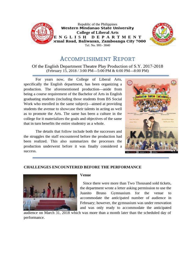 Theatre Play Accomplishment Report | PDF | Behavior Modification ...