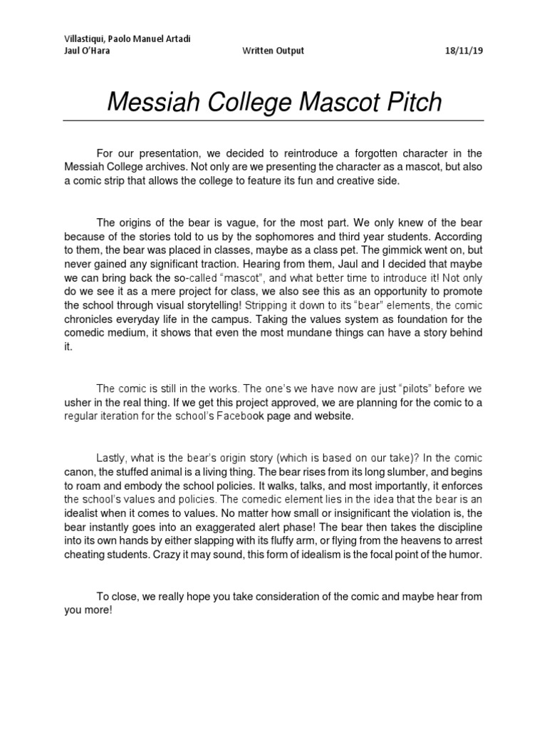 Messiah College Mascot Pitch | PDF | General Fiction