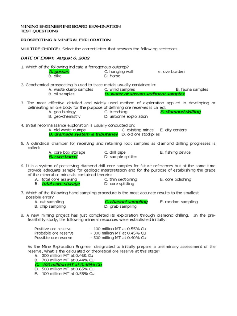 Board Exam Questionaire Pros & Min Explo-Answers | PDF | Carbon | Mining