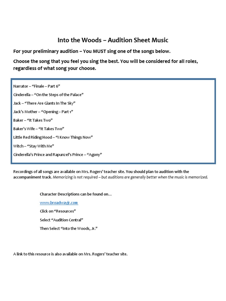 Into the Woods Jr. Audition Songs Guide | PDF | General Fiction