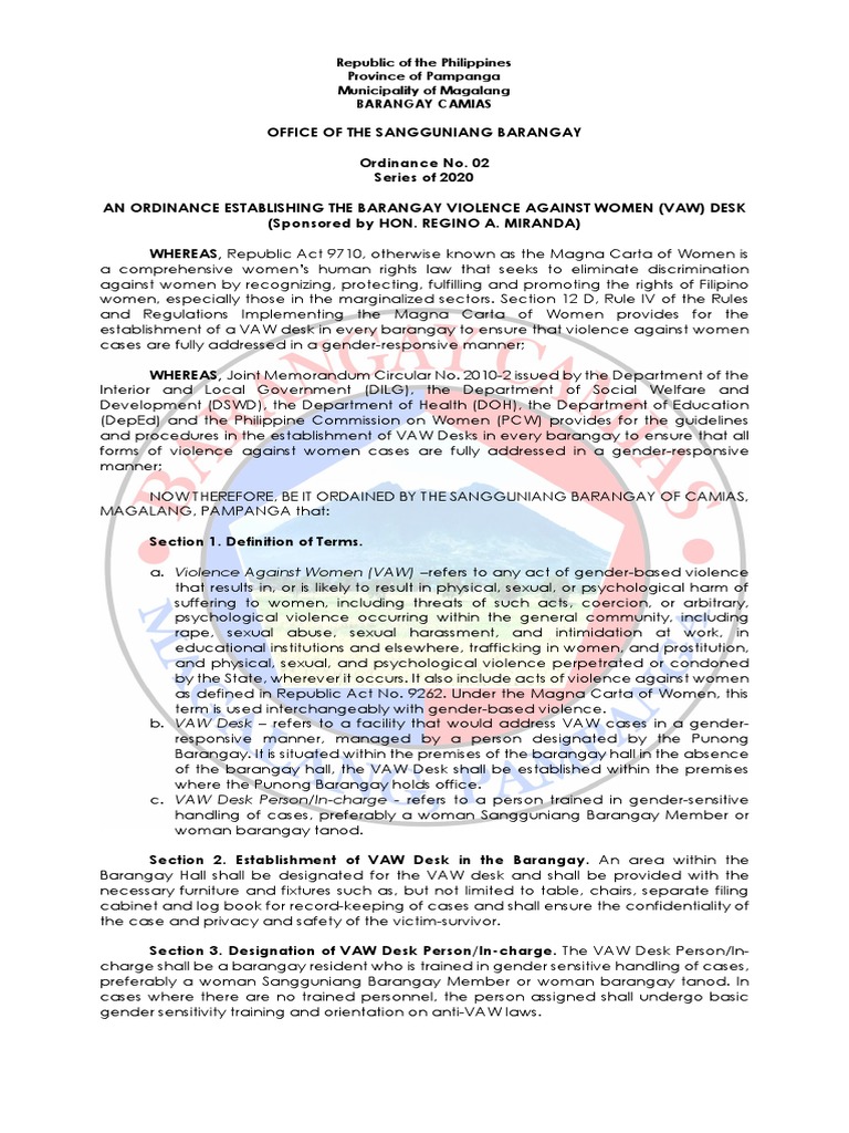 Ordinance Vawc 2020 | PDF | Violence Against Women | Violence