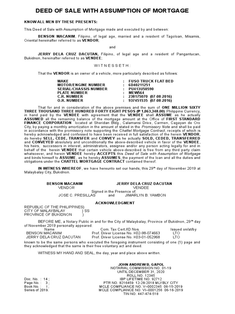 Deed of Sale With Assumption of Mortgage | PDF | Real Property Law ...