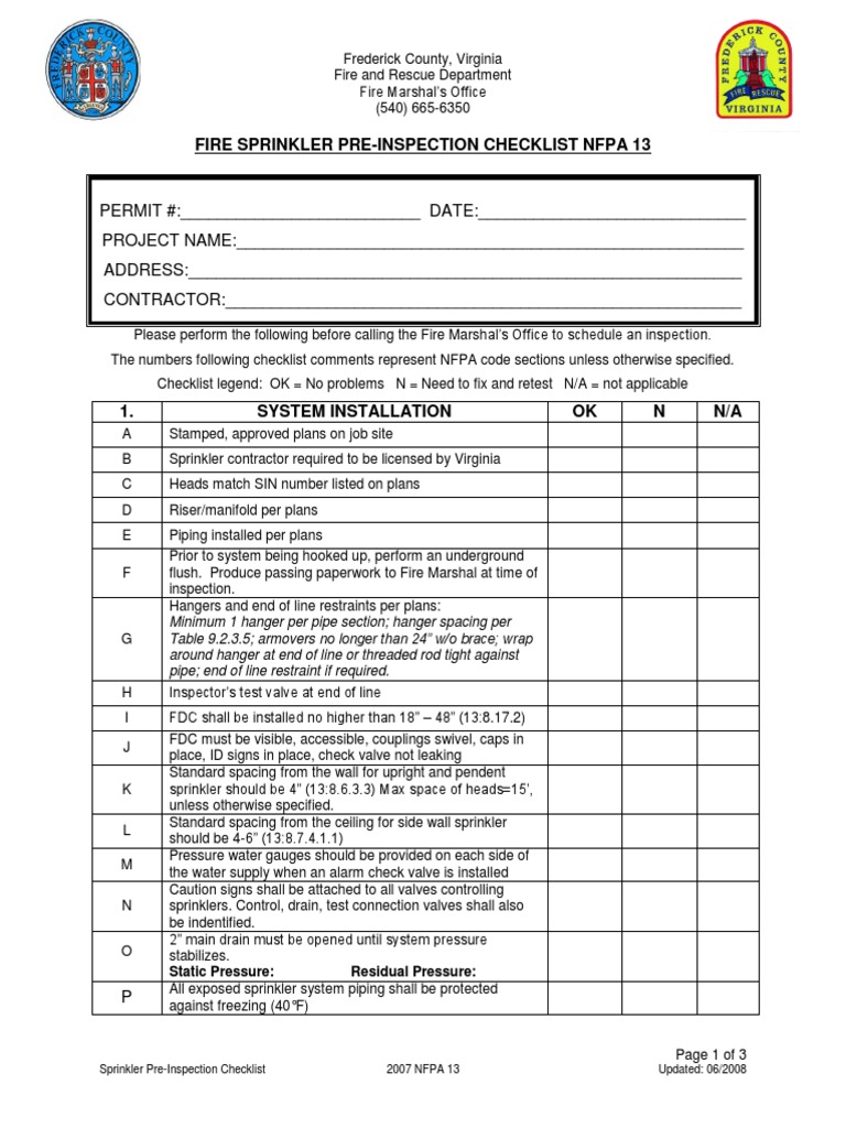 Sprinkler Pre Inspectionchec | PDF | Fire Sprinkler System | Equipment