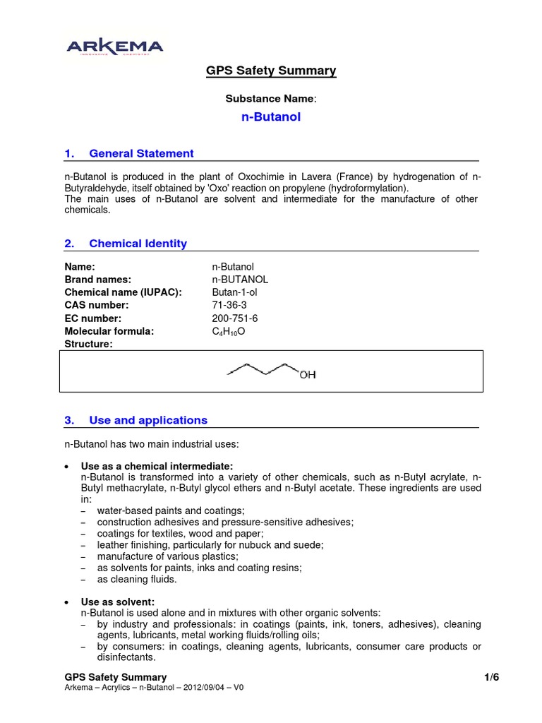 MSDS N-Butanol Arkema | PDF | Toxicity | Biodegradation