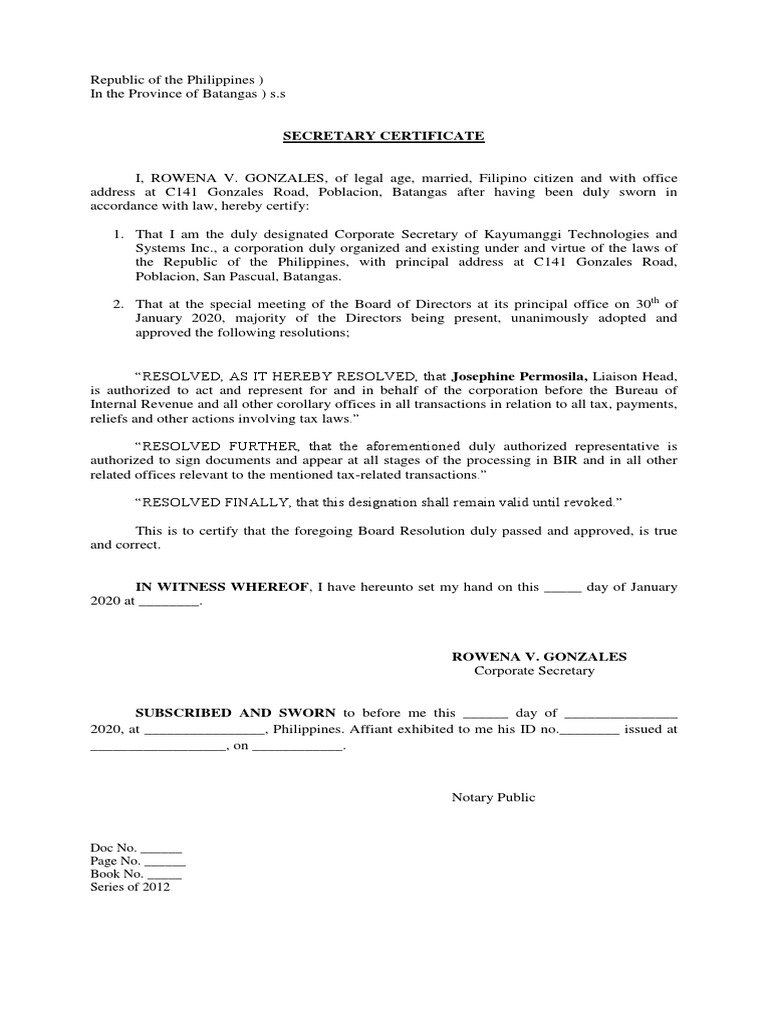 Secretary Certificate Sample | PDF