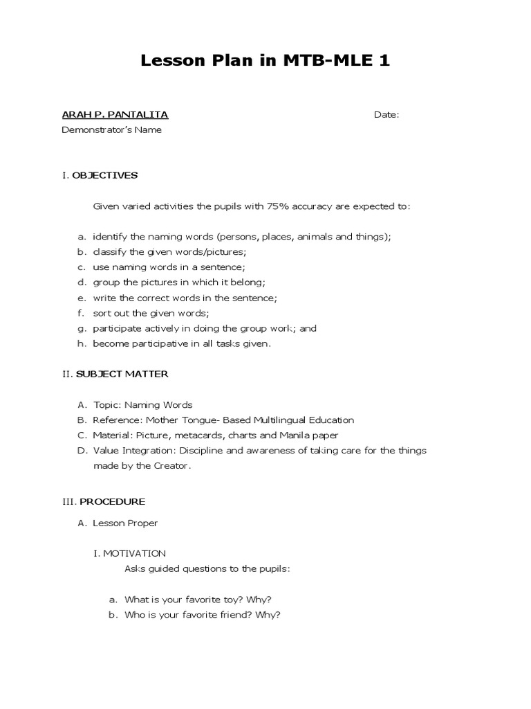 Lesson Plan in MTB | PDF | Lesson Plan | Education Theory