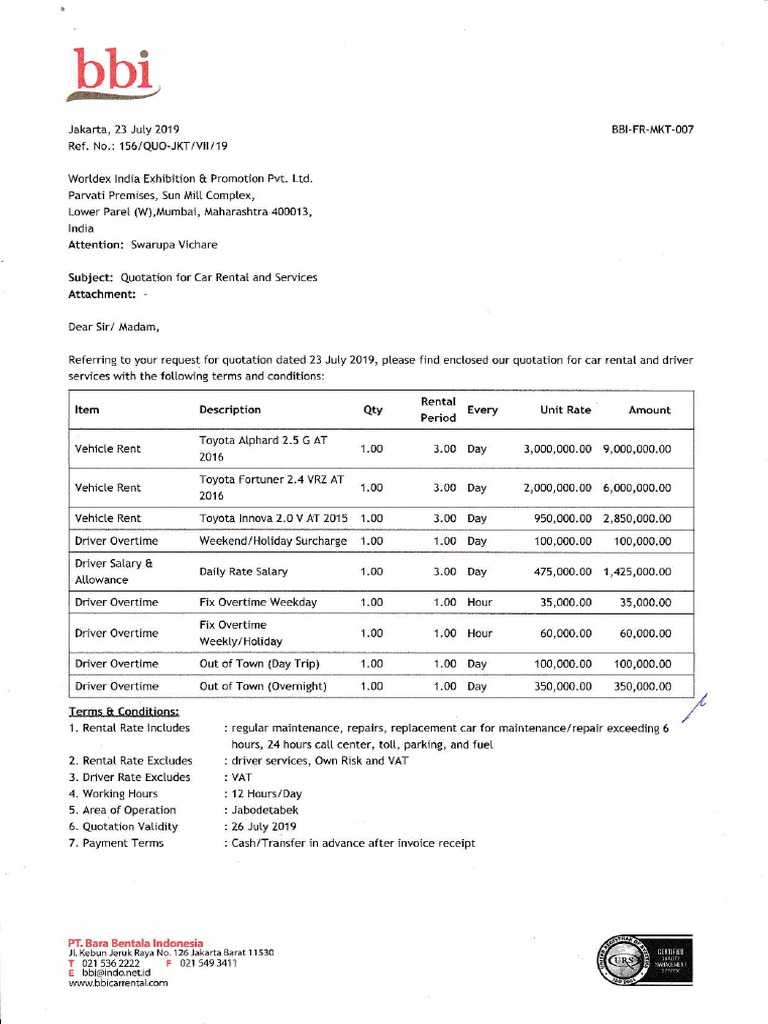 Quotation - Car Rental Services | PDF | Transport Economics | Car Rental