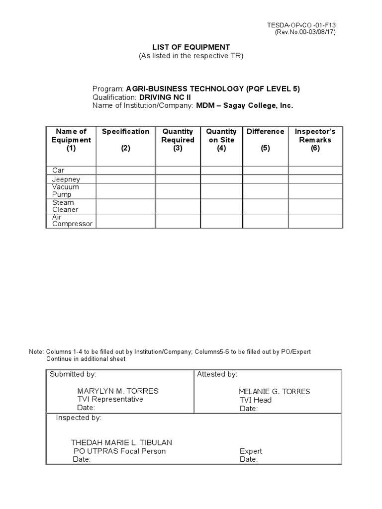 TESDA Driving NC II Equipment List | PDF